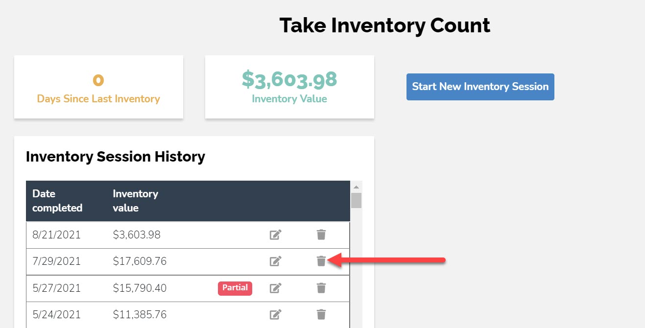 How do I delete an inventory session?